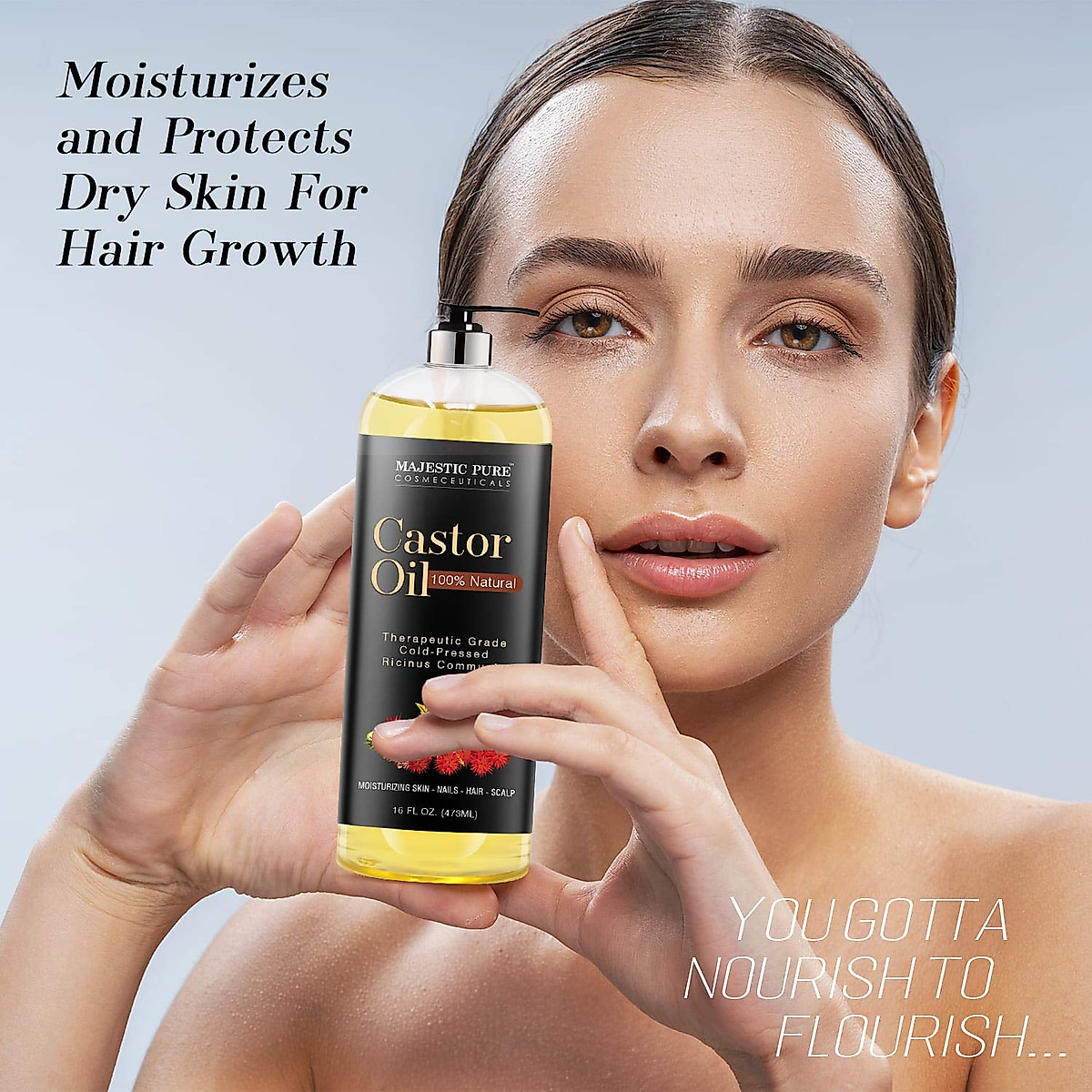 Majestic Pure Castor Oil | 100% Natural | Premium Grade Cold Pressed | Hair, Eyelashes, Eyebrows, Nails | Moisturizing & Nourishing | Body, Hair & Carrier Oil | 16 Fl Oz