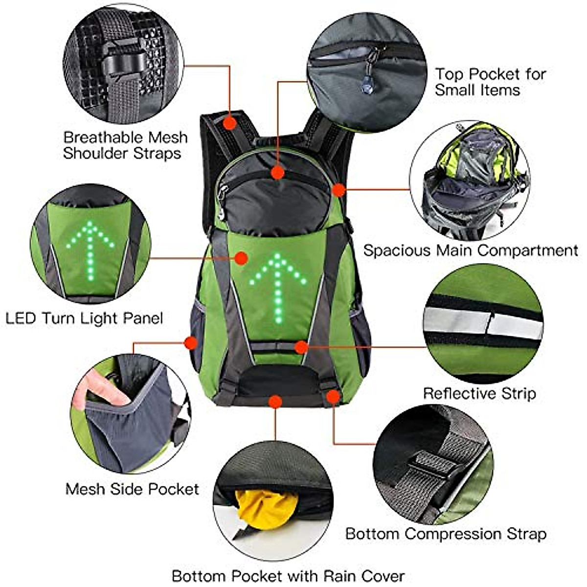 LED Reflective USB Rechargeable Backpack with Signal Light, Outdoor Sport Safety Bag with 4 Mode Direction Indicator and Remote Control for Cycling, Running, Walking, Jogging, 18L
