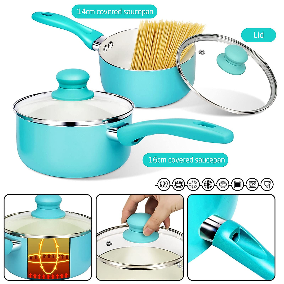 Masthome 16 Piece Ceramic Nonstick Cookware Set,Soft Grip Healthy Pots and Pans Set with Lids and Utensils for Kitchen,PFAS-Free, Dishwasher Safe-Tiffany Blue Extra Spoons and Silicone Spatula Set