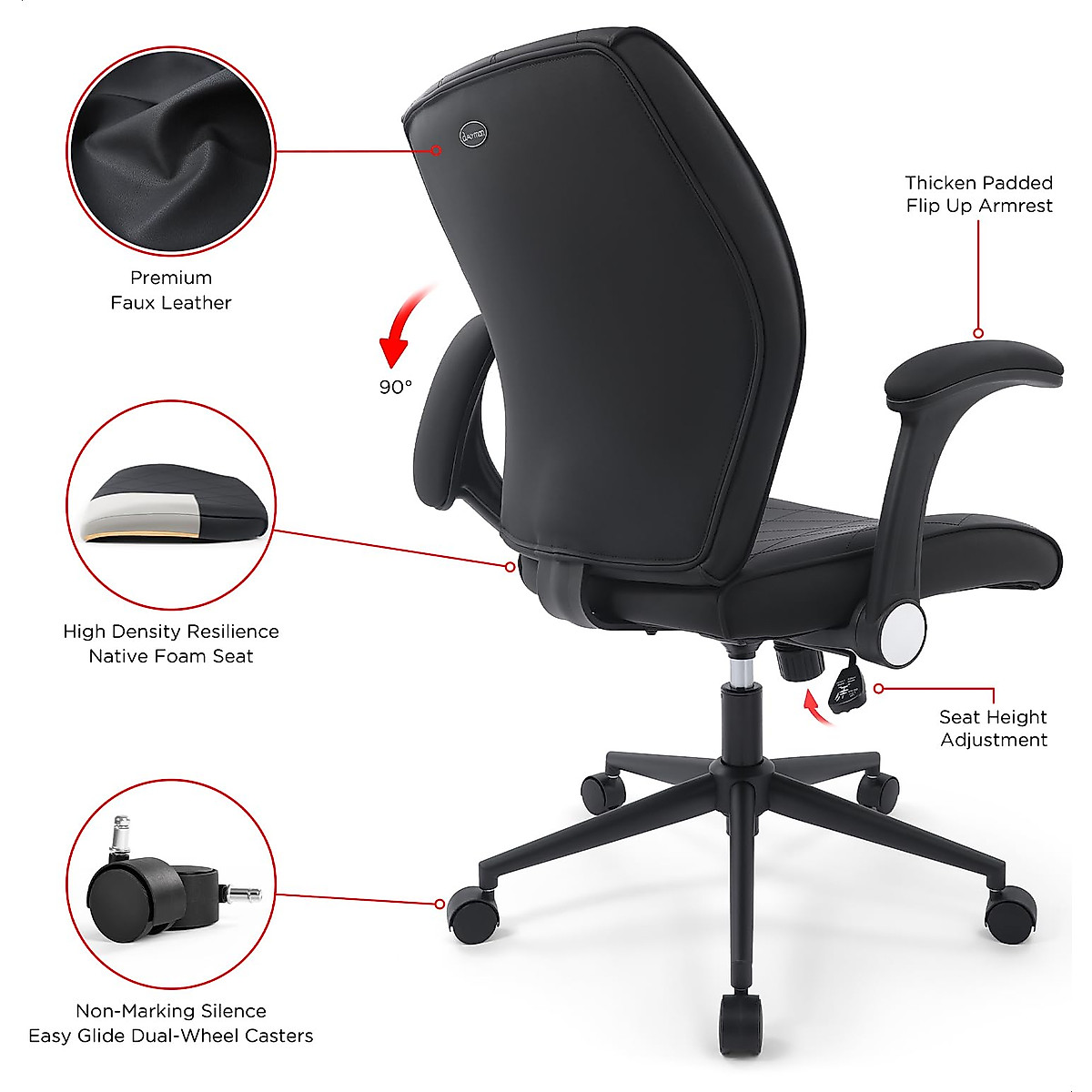CHAIRMAN Premium Faux Leather Padded Mid-Back Adjustable-Height/Tilt, Swivel Office Computer Desk Chair with Flip-up Arms, Ergo Design for Sedentariness, Black