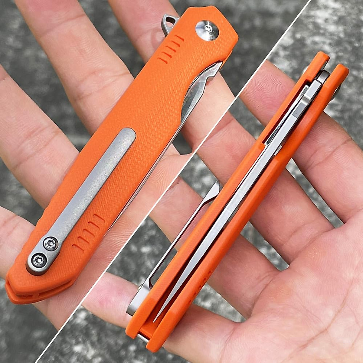 SHOOZIZ HAN312 Pocket Knife Folding Knife for EDC, 3.38" DC53 Steel Blade G10 Handle Folding knife With titanium alloy clip Ceramic ball bearing locating ball Everyday Carry Knife for Men Women (Orange+Sanding)