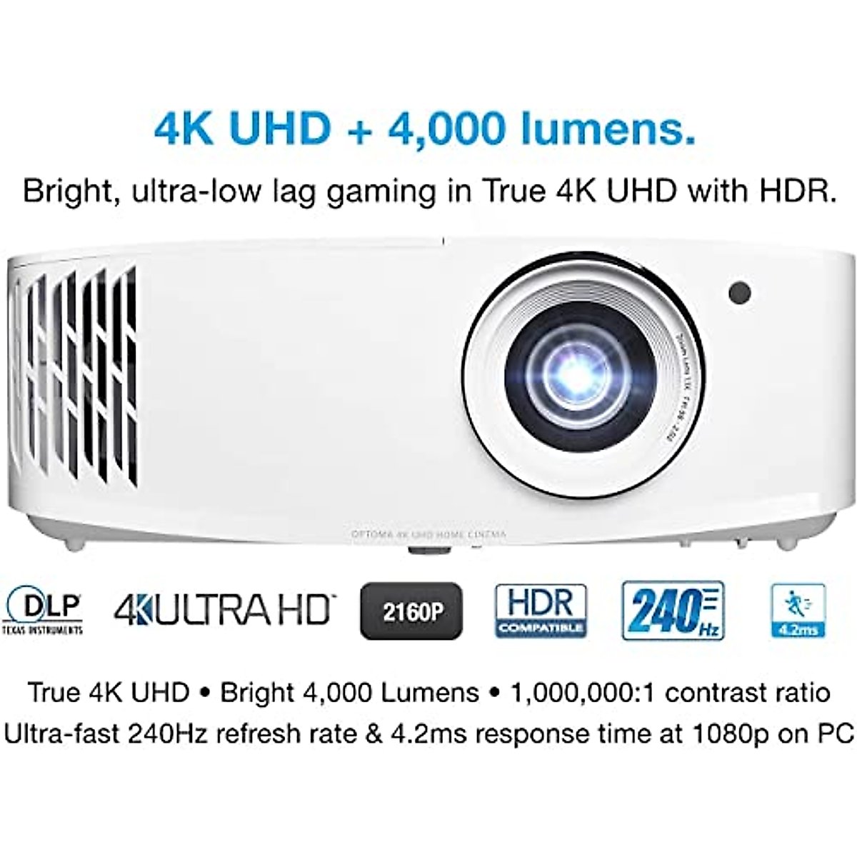 Optoma UHD38x Bright, True 4K UHD Gaming Projector | 4000 Lumens | 4.2ms Response Time at 1080p with Enhanced Gaming Mode | Lowest Input Lag on 4K Projector | 240Hz Refresh Rate | HDR10 & HLG