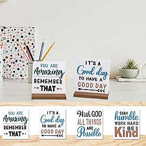 4 Pieces Inspirational Quotes Desk Decor Wood Block Plaque Positive Wooden Table Signs Decorative Wood Table Sign Centerpiece for Women Desk Office Decor Party Table Accessories(Stylish Style)