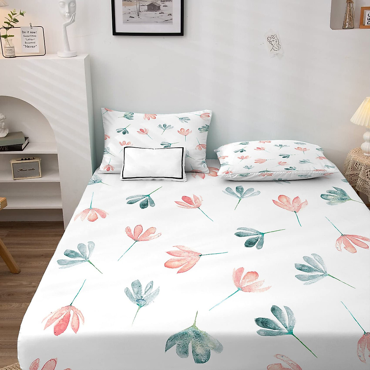 Flower Sheets Full Size, Floral Botanical Bed Sheets, Patterned Bedding Sheets & Pillowcases 4 Piece Set - Soft Microfiber Deep Pocket Fitted Sheet & Flat Sheet & 2 Pillow Cases S3-&-220