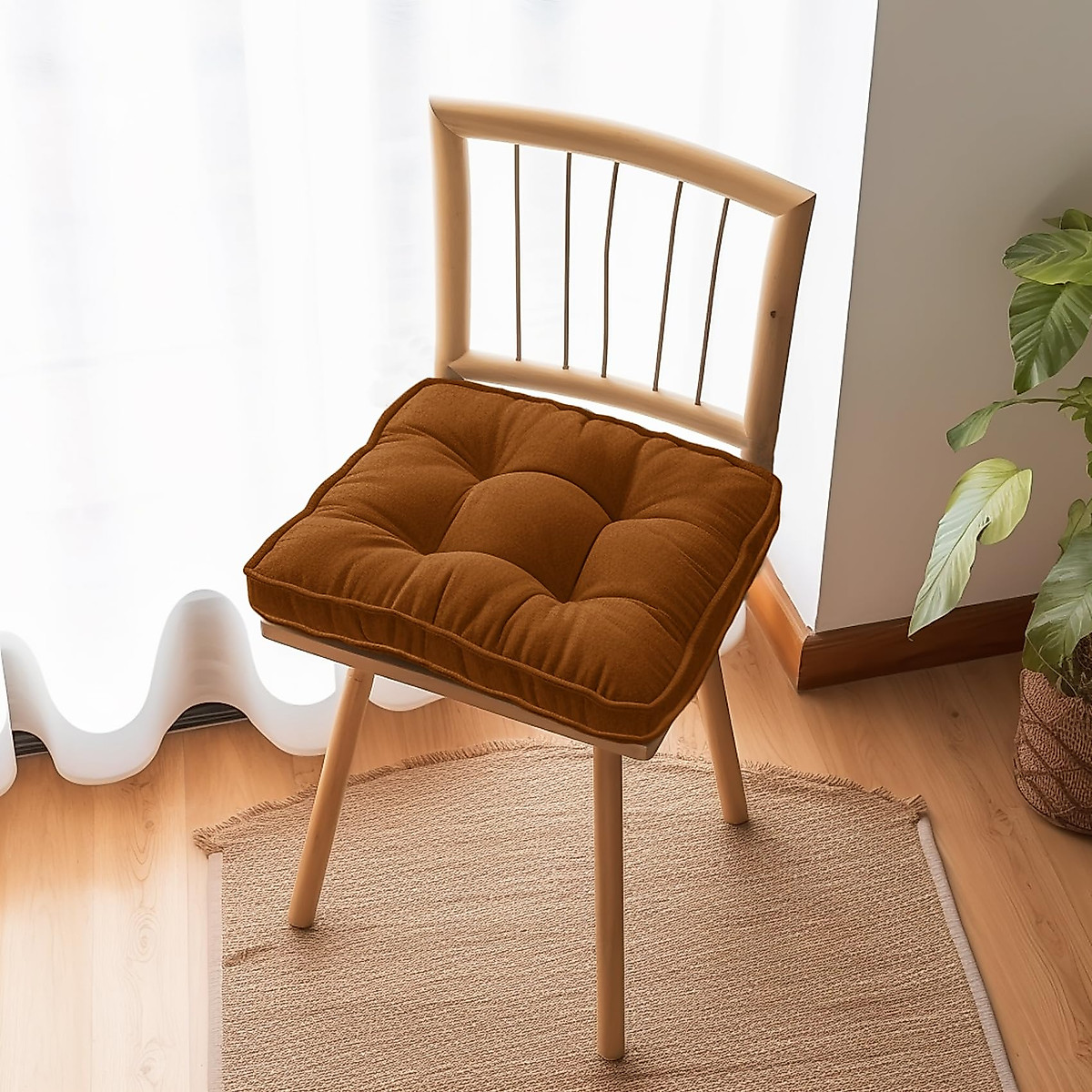 Focuprodu Chair Cushions. 18x18 Inch Thick Soft Chenille Fabric for Patio Chair Cushion. Double-sided Use with Ties for Office/Dining Room/Window (Brown)