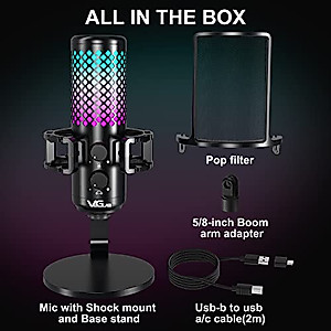 VeGue USB Gaming Microphone for PS5, All Metal PC Computer Condenser Mic with RGB Light, Mute Button, Pop Filter, Shock Mount, Gain Control for YouTube Recording Streaming Twitch Podcasts Videos