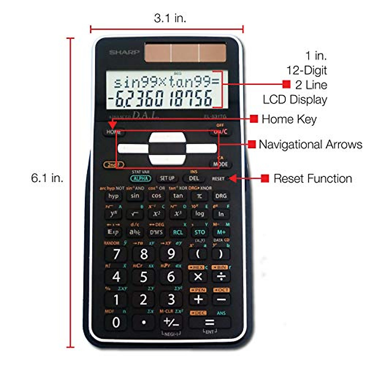 Sharp EL-531TGBBW 12-Digit Scientific/Engineering Calculator with Protective Hard Cover, Battery and Solar Hybrid Powered LCD Display, Great for Students and Professionals, Black,Black and White