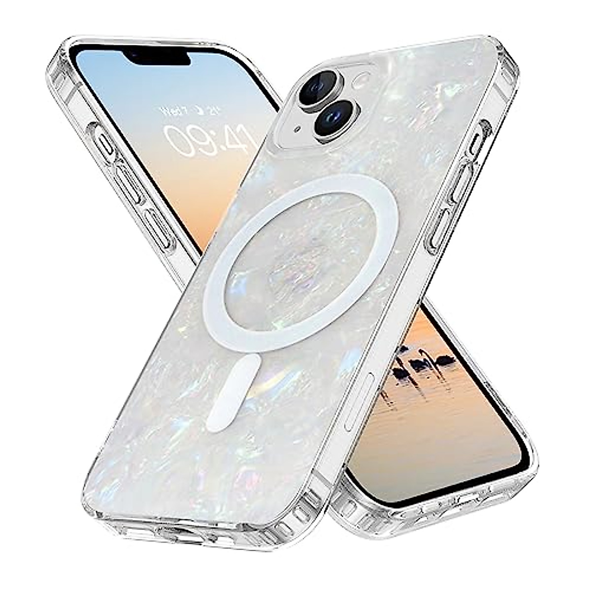 YINLAI Case for iPhone 14 / iPhone 13 [Compatible with MagSafe] Magnetic Slim Glitter Bling Sparkly Pearl Mother-of-Pearl Seashell Women Girly Soft Shockproof Protective Phone Cover 6.1 Inch, White