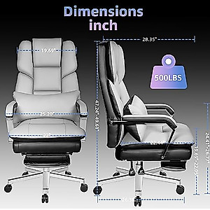 SeekFancy Reclining Office Chair with Footrest, Big and Tall Office Chair 500lbs Wide Seat with 170°Backrest, High Back Leather Managerial Chair Lumbar Support，Grey Executive Office Chair Set of 8