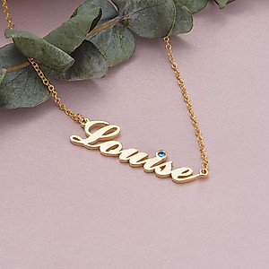 MRENITE 10k 14k 18k Solid Yellow Gold Personalized Name Necklace with Birthstone – Small Dainty Nameplate Jewelry - Custom Any Name Gift for Women Daughter Wife