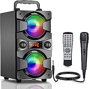 60W Bluetooth Speakers Portable Wireless Speaker with Double Subwoofer Heavy Bass, FM Radio, Microphone, Lights, Remote, EQ, Loud Stereo Sound System Speaker for Home Outdoor Party Camping (1MIC)