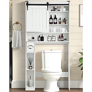 YOCONYO Over The Toilet Storage Cabinet, Farmhouse Over Toilet Cabinet Included Sliding Barn Door,Toilet Paper Holder Stand and Adjustable Bottom Bar, Freestanding Toilet Rack for Bathroom,White
