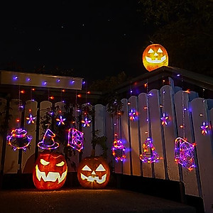 LOLStar Halloween String Lights, Halloween Window Decorations Orange Purple Spellbook, Witch Hat and Cauldron 183 LEDs Indoor Hanging Curtain Lights, Remote 8 Flashing Modes Timer Function