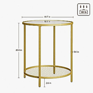 CADANI End Table, Glass Side Table with Open Storage, 2-Tier Gold Accent Table with Sturdy Metal Frame, Modern Round Coffee Table for Living Room, Bedroom, Balcony, Patio
