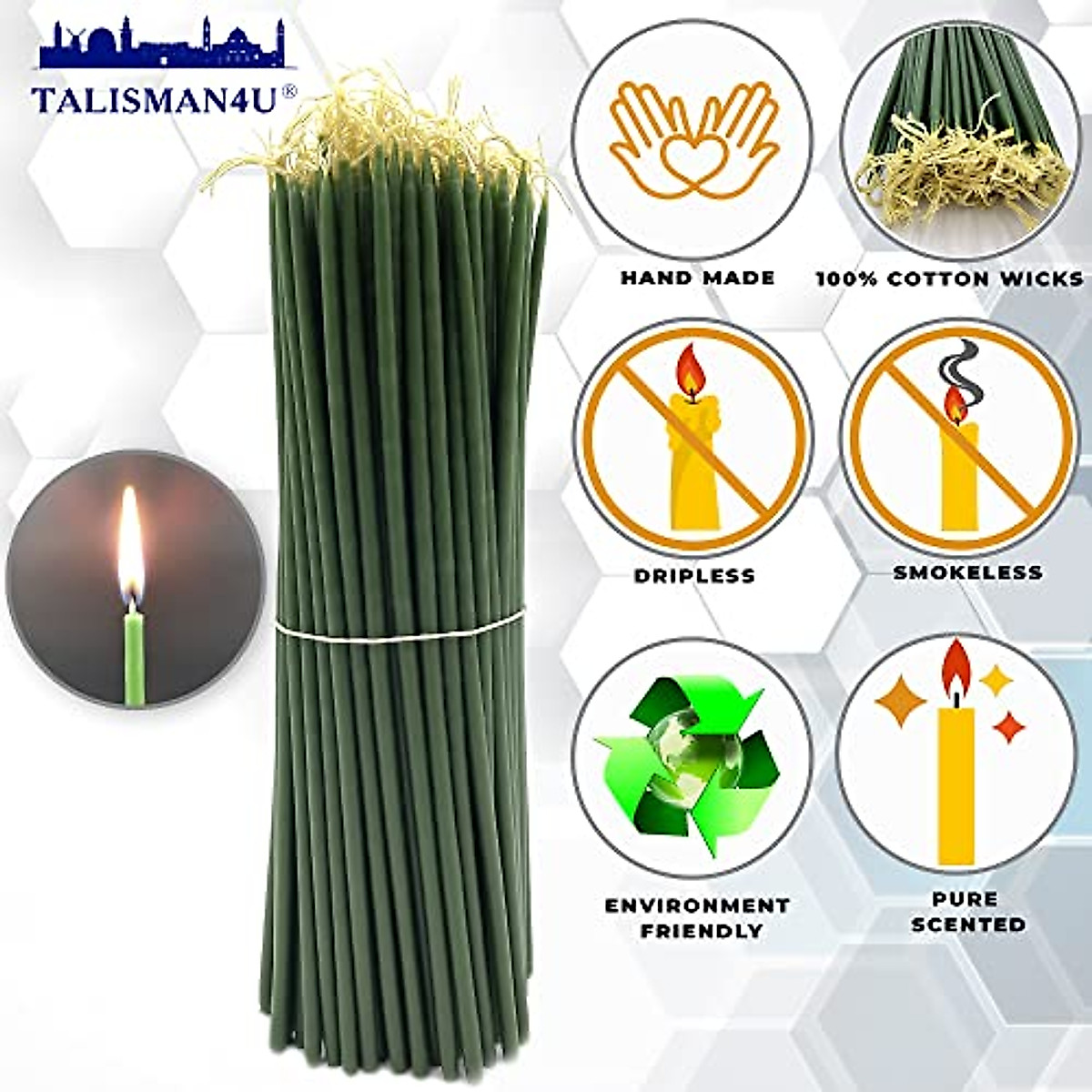 50 Natural Pure Beeswax Taper Candles 11 inch Tall Church Jerusalem Holy Land Decorative Thin Candle Home Decor (Green)