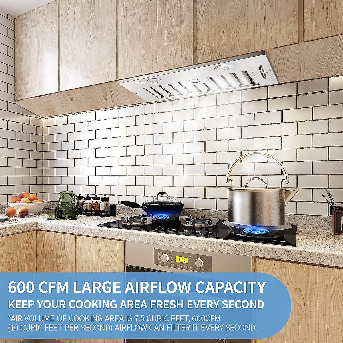 JOEAONZ Range Hood Insert 20 Inch Stainless Steel with Baffle filters, 600 CFM Built-in Kitchen Hood, Ducted/Ductless Convertible Vent Hood GU10 LED, 3 Speed Stove Exhaust Fan, Push Button Control