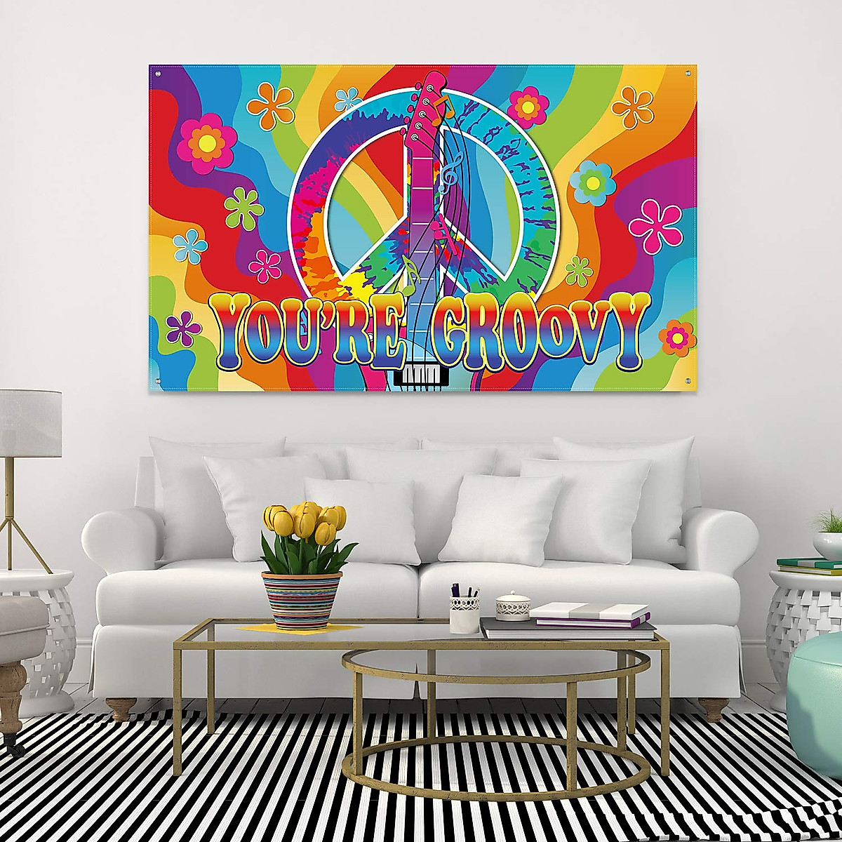 60's Party Decorations Hippie Groovy Backdrop 60s Party Sign Scene Setters Wall Decoration Banner Photo Booth Props Background with Rope for Hippie Theme Groovy Party Decorations, 72.8 x 43.3 Inch