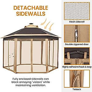 Yaheetech 13′ × 13′ Pop-Up Patio Gazebo Tent W/Mesh Netting Sides & 25 Solar LED Lights, Hexagonal Double Vented 3 Height Adjustable Gazebo with Storage Bag for Backyard, Garden, Lawn, Khaki & Brown