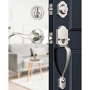 Brightify Satin Nickel Front Door Handle, Satin Nickel Door Handle with Door Lever, Modern Front Door Handle Set, Adjustable Deadbolt Lock Set with Single Cylinder, Reversible for Right&Left