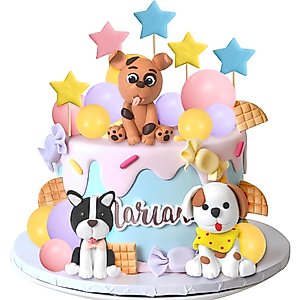 DRWATE Dog Cake Topper Clay Figurines Puppy Star Yellow Pink Purple Ball Cake Topper for Dog Theme Birthday Party Paw Cute Dog Pet Party Baby Shower Supplies (Style 01)