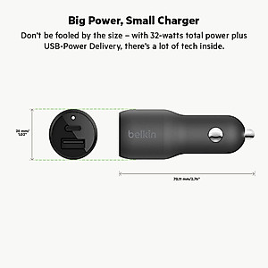 Belkin 32 Watt Dual USB Car Charger - Power Delivery 20W USB C Port & 12W USB A Port for PPS Charging Apple iPhone 14, 14 Pro, 14 Pro Max, iPhone 13, Samsung Galaxy, AirPods & More - USB-C Charger