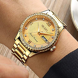 OLEVS Luxury Diamond Gold Watches for Men Big Face Dial Luminous Day Date Calendar,Male Business Casual Dress Stainless Steel Quartz Analog Wrist Watch Waterproof 3ATM Gifts Golden
