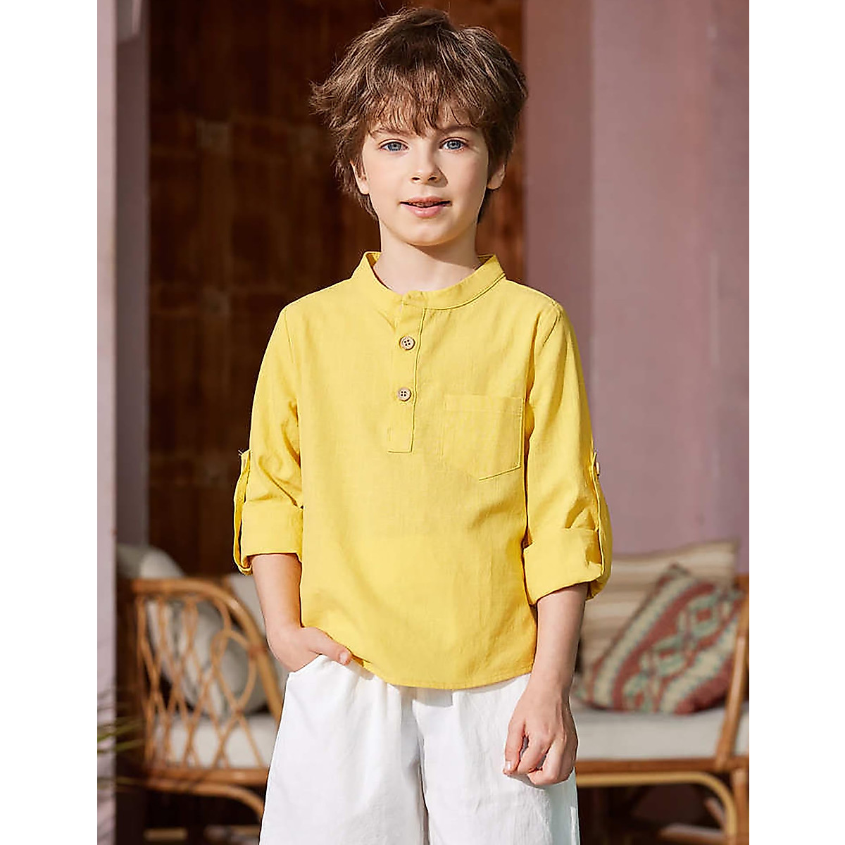 Arshiner Boys Cotton Linen Henley Shirt Button Down Shirt Long Sleeve T Shirt Beach Shirt Tee Casual Solid Tops Yellow