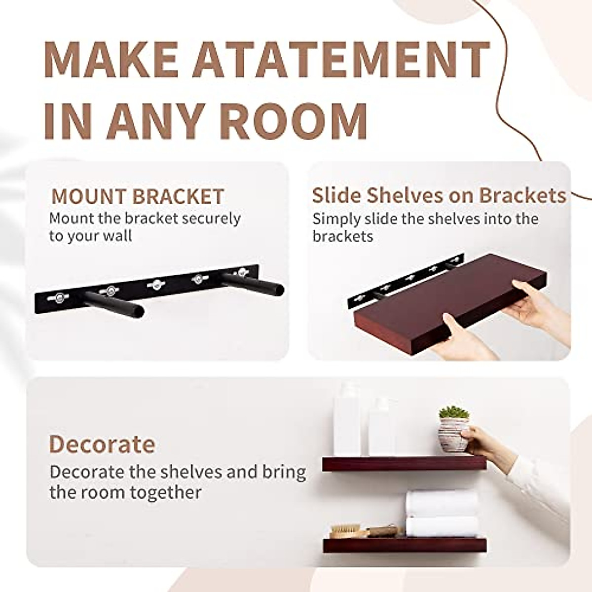 Floating Shelves Set of 2, Farmhouse Rustic Wood Shelves for Wall Storage, Solid Wood Bathroom Shelves, Wall Mounted Wooden Display Shelf for Living Room, Kitchen, 16 x 6.7 x 1.4 inch, Mahogany