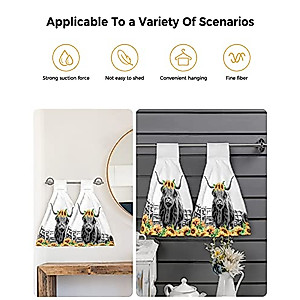 2PCS Hand Tie Towels for Bathroom Kitchen-Farm Highland Cow Sunflowers Decor Hanging Towel Tea Bar Dish Cloth Soft Coral Fleece Absorbent Washcloth,Black White Animals