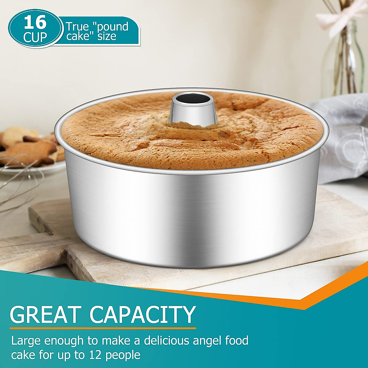 E-far Angel Food Cake Pan, 10-Inch Stainless Steel Tube Pan for Baking Pound Chiffon Cake, One-piece Design & Non-toxic, Dishwasher Safe