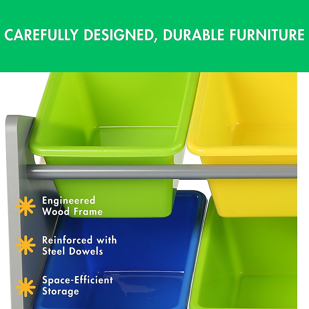 Humble Crew Extra-Large Toy Organizer, 16 Storage Bins, Grey/Blue/Green/Yellow,15.5"D x 42"W x 35"H