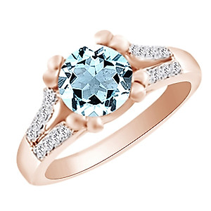 AFFY 1.45 cttw Simulated Blue Aquamarine & White Natural Diamond Split Shank Engagement Wedding Ring in 14K Solid Rose Gold with, Ring Size 7