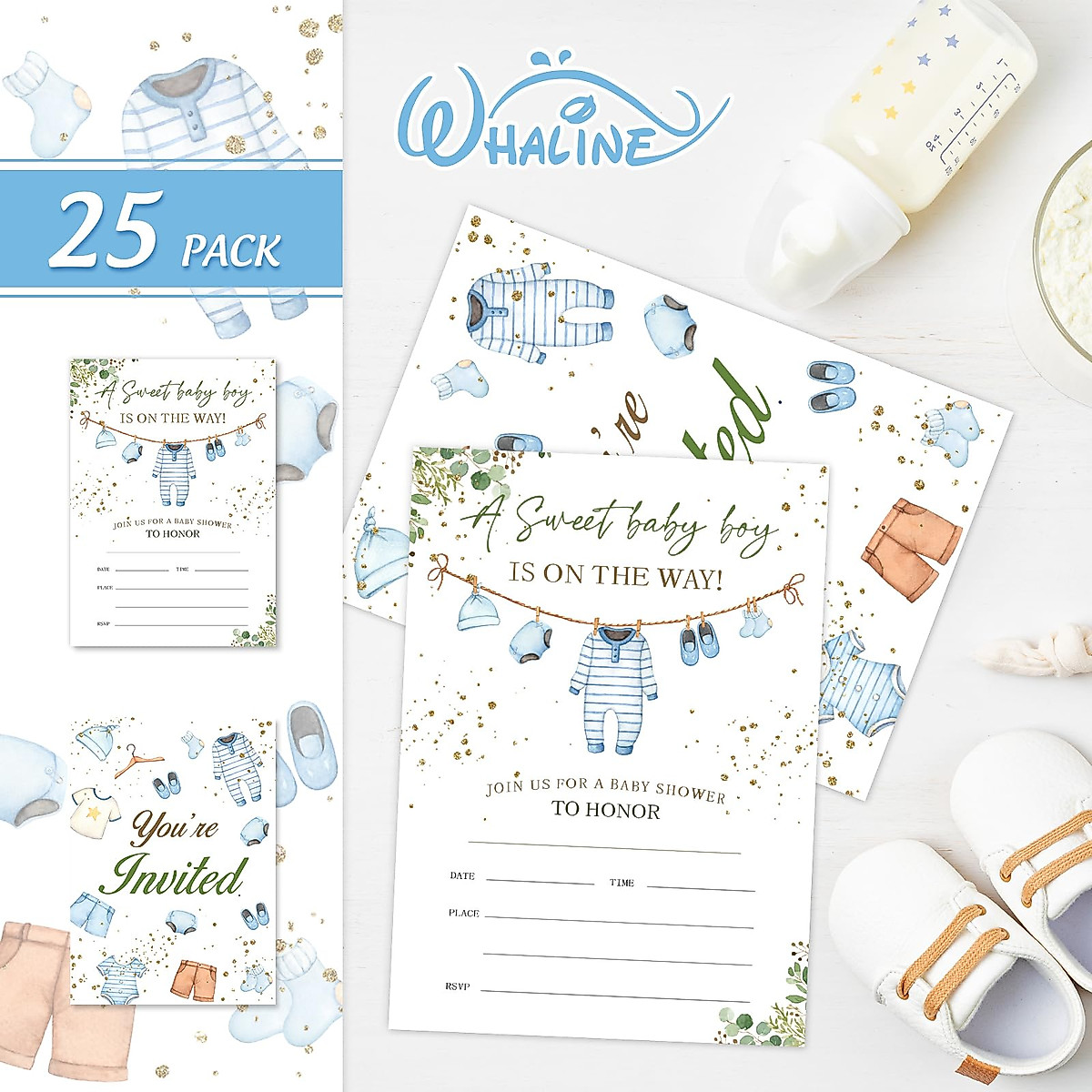 Whaline 25 Sets Boy Baby Clothes Baby Shower Party Invitations with Envelopes Stickers Blue Cute Party Invitation Paper Cards Fill-In Invites for Birthday Gender Reveal Party Supplies, 5 x 7 Inch