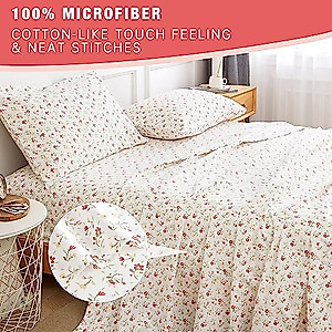 Queen Bed Sheet Set 4PC Printed Cute Red Flower Sheet Pattern Cooling Brushed Microfiber 17" Deep Pocket Floral Sheets Set Luxury, Soft, Breathable, Hypoallergenic, Wrinkle Free Double Bedding