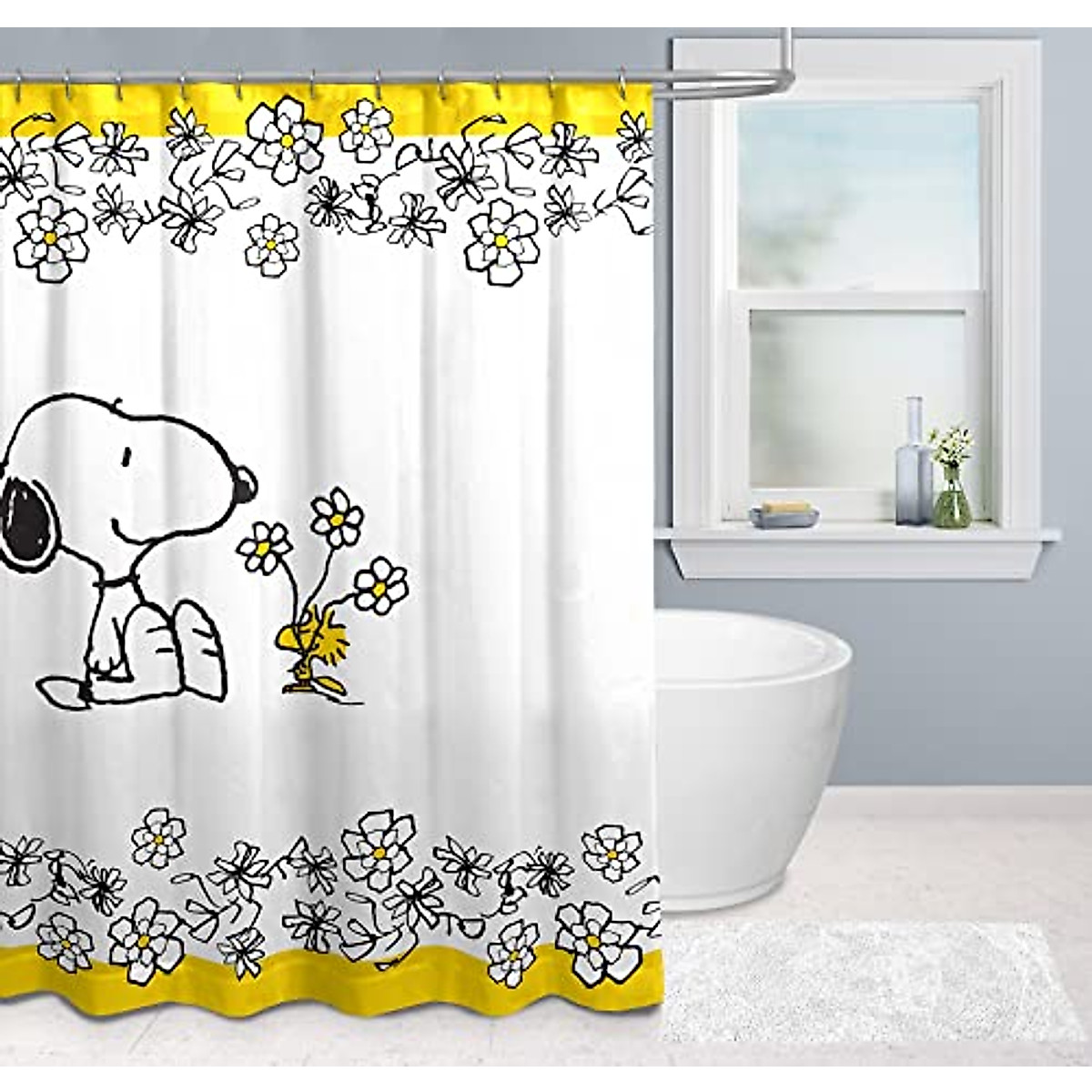 Jay Franco Peanuts Best Friend Flowers Shower Curtain & Easy Care Fabric Kids Bath Curtain Features Snoopy & Woodstock (Official Peanuts Product)