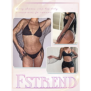Fstrend Crystal Mesh Body Chains Rhinestone Fishnet Black Crop Top Long Sleeves See Through Bikini (as1, alpha, l, x_l, plus, regular, Black-long clothes)