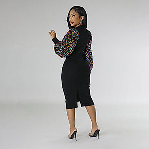 Sexy Black Dress for Women Party Club Night Dress Crewneck Sequin Long Sleeve Bodycon Midi Dress Black S