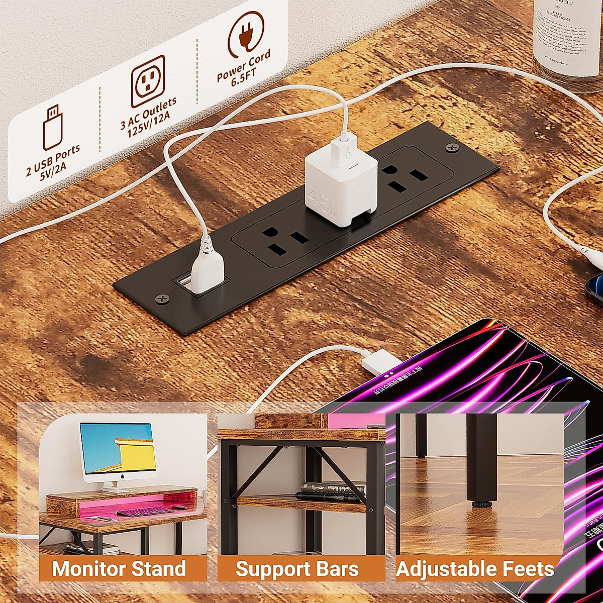 Unikito L Shaped Computer Desk with Magic Power Outlets and Smart LED Light, Sturdy Reversible Corner Desk with Monitor Stand & Storage Shelves, Home Office Work Desk, Easy to Assemble, Rustic