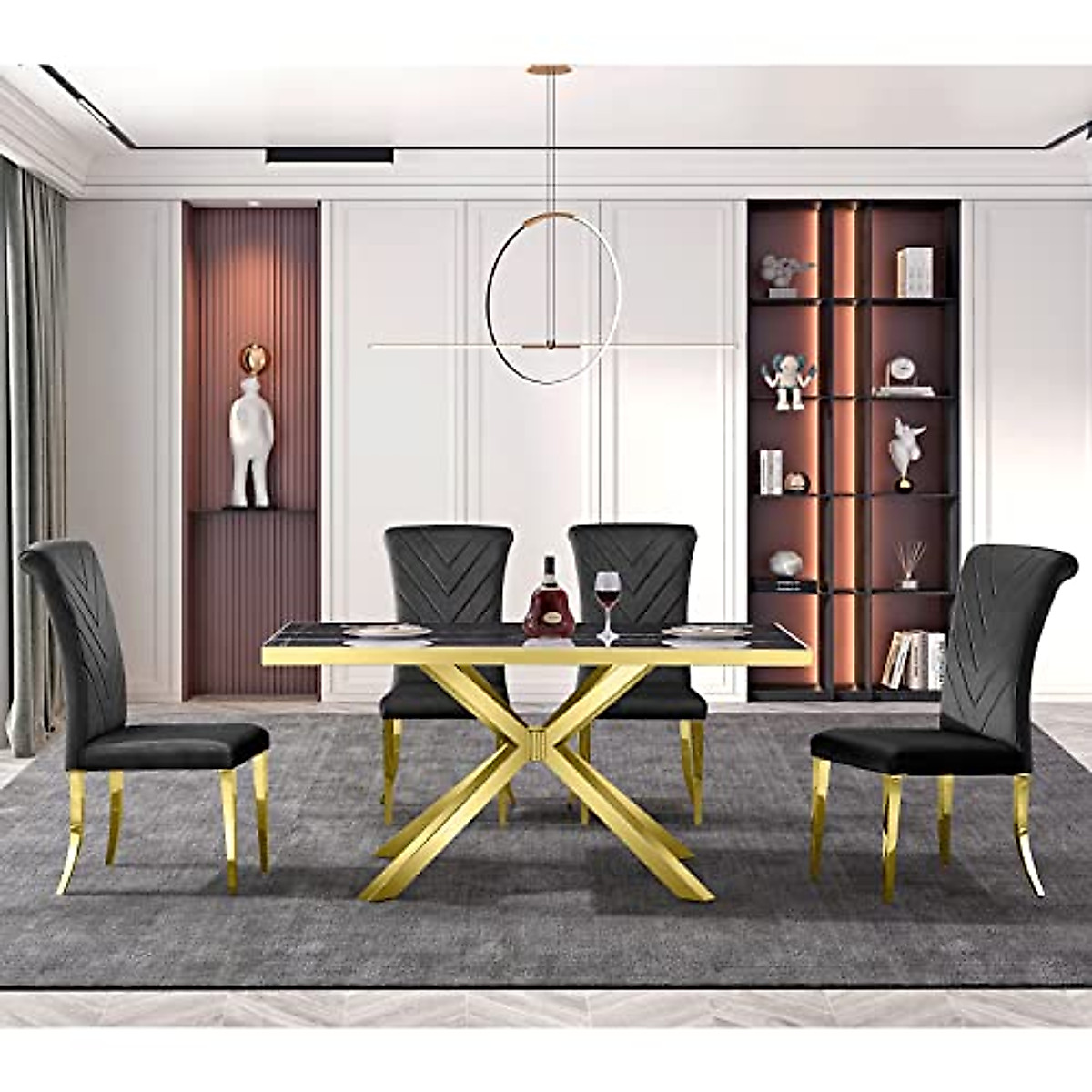 AZhome Modern Dining Room Table with Gold Stainless Steel Metal X-Base in Black Gold