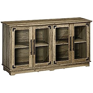 HOMCOM Farmhouse Sideboard, Buffet Cabinet, Coffee Bar Cabinet with 4 Glass Doors, Credenza, Distressed Grey