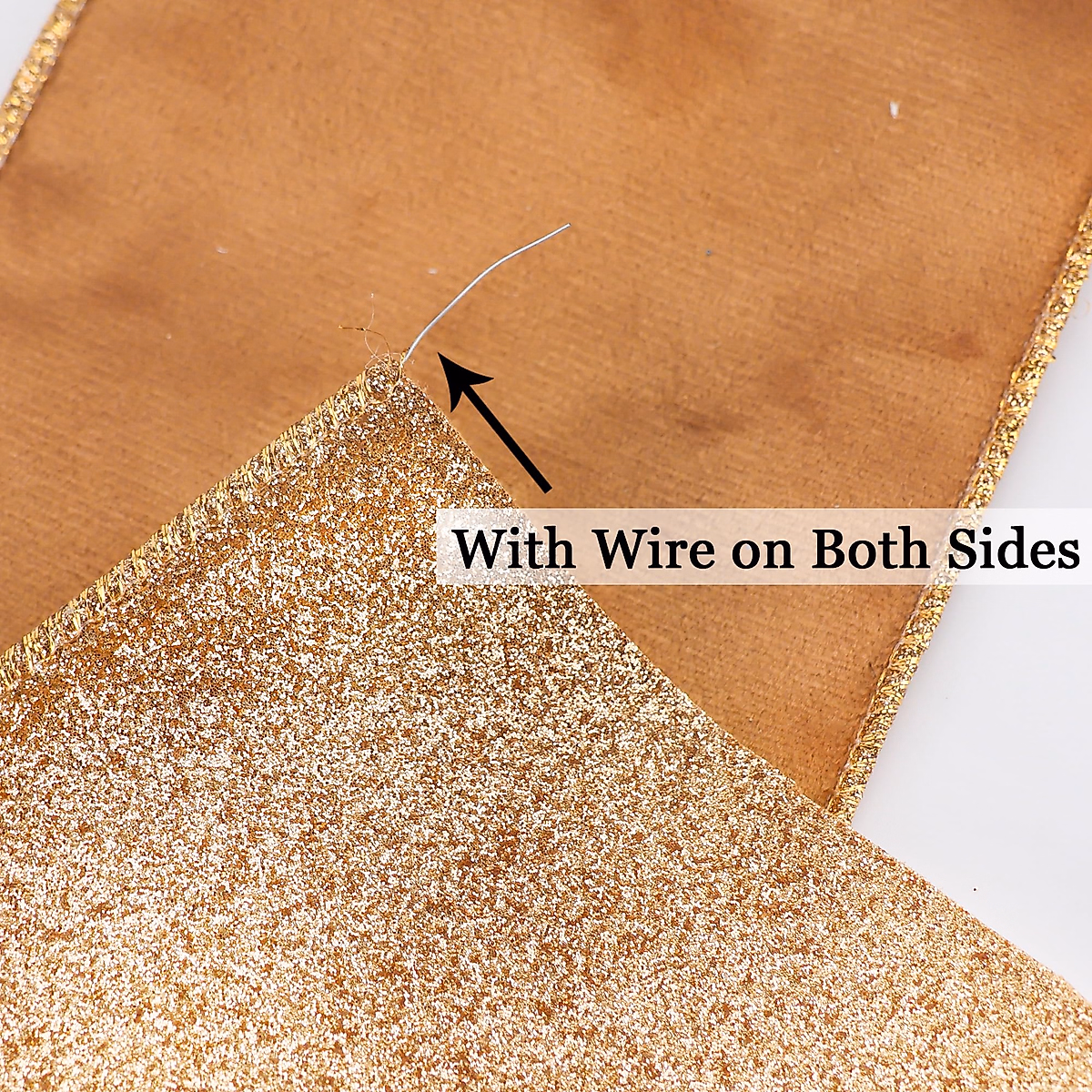 HUIHUANG Velvet Wired Ribbon 4 inch Copper Christmas Tree Ribbon Double-sided Glitter Copper Wire Ribbon for Christmas Tree, Wreaths, Tree Top Bows, Garland, Home Decor-10 Yards