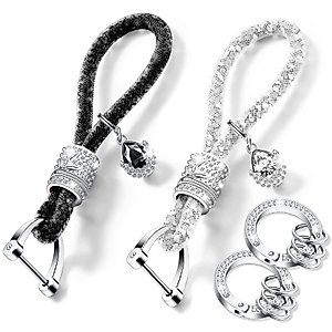 Crystal Bling Car Keychain for Women Glitter Rhinestone Keychain Ring Strap Keychain Accessories Car Key Decorations, Black, White, Large