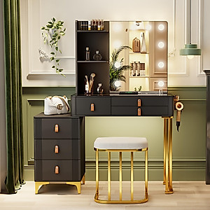 FREDEES Makeup Vanity with Lights-Vanity Desk with 10 Light Bulbs&3 Color Lighting Modes-Black Vanity Desk with Storage Dresser-Makeup Table with Mirror and Chair-Dressing Table with Glam Glass Top
