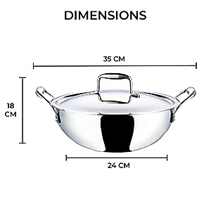 Vinod Platinum Kadai Triply Stainless Steel | Suitable For Indian Cooking, Sauces, Stews, Soups | Deep/Extra Deep Kadai With Lid | Induction, Electric Friendly (Extra Deep Kadai, 24cm)