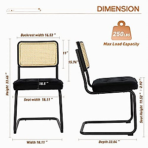 COLAMY Mid Century Modern Dining Chairs Set of 2, Velvet Rattan Dining Room Kitchen Side Chairs with Metal Chrome Legs and Upholstered Seat for Home, Living Room, Bedroom - Black