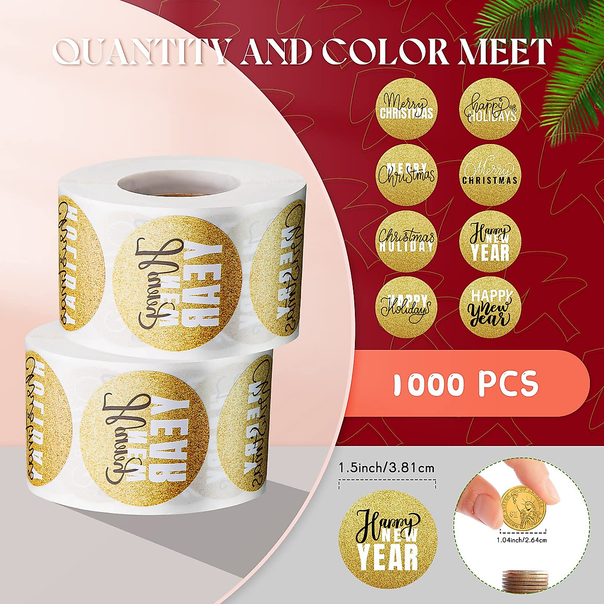 1000 Pieces 1.5 Inch Happy New Year Stickers Holiday Stickers for Cards Cute Holiday Package Sticker for Envelope Happy New Year Label Circle Sticker Roll for Handmade Goods Greeting Card