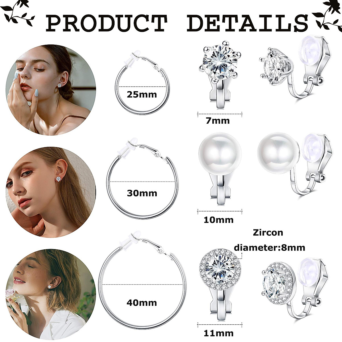 Ubjuliwa 6 Pairs Clip On Earrings for Women Fashion Hoop CZ Pearl Stud Earrings Women Clip On Earrings Set