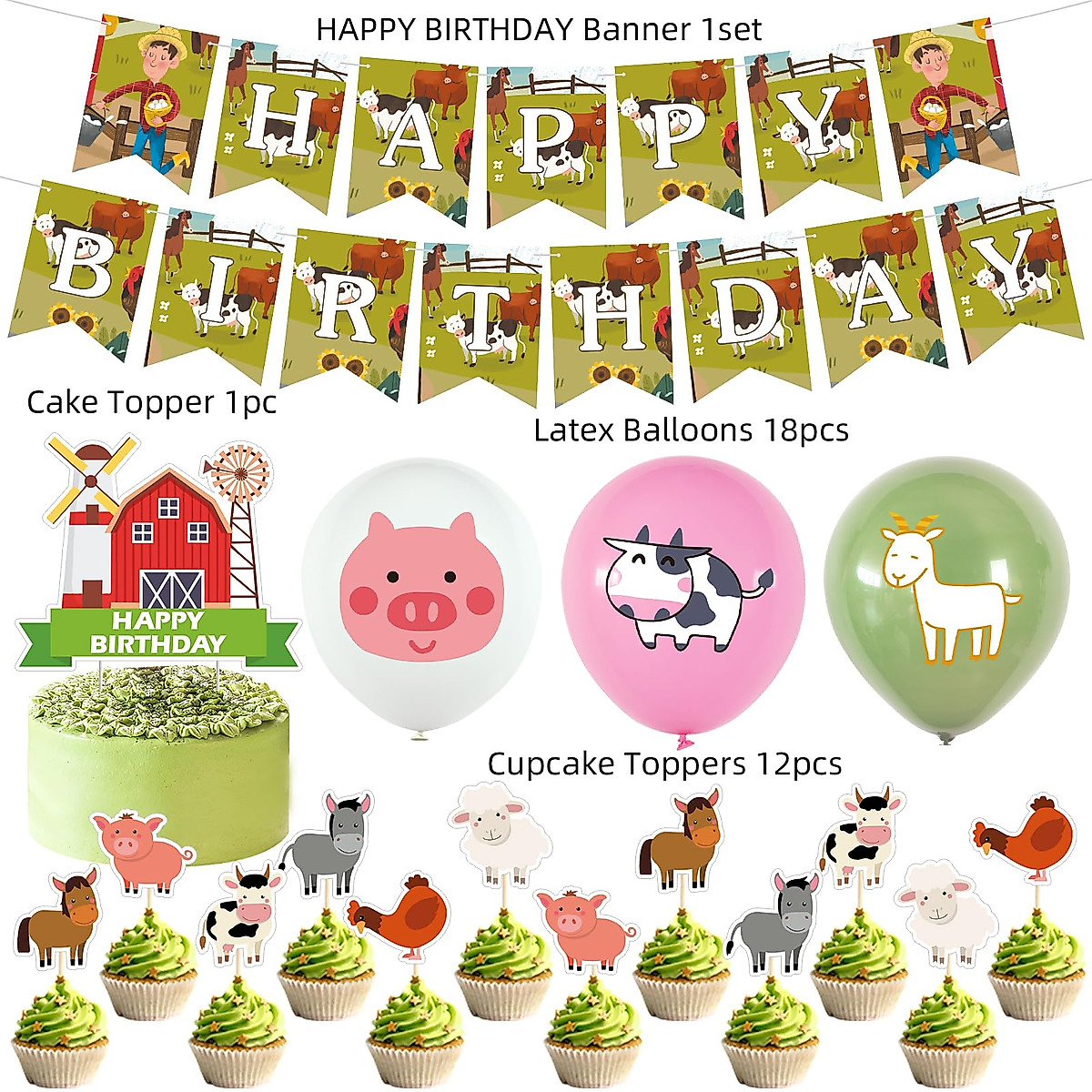 Ipalmay Farm Birthday Party Supplies - 32pcs Rustic Barnyard Kids Party Decorations, Colorful Cow Sheep Pig Balloons, Happy Birthday Banner, Animal Cup Cake Toppers, Boy Girl Teens Party Backdrop