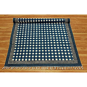 Casavani Hand Block Printed Area Rug Hand Made Geometric Blue Tassel Rug Cotton Easy Washable Rugs Best Uses For Doormat Entryway Kids Room Bedroom Hallway 4x8 6x8 7x7 Feet Square
