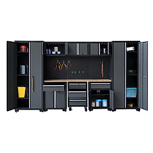4utoHydra 9-Piece Workshop Cabinet Set w/Pegboard in Grey with Workbench - Perfect for Organizing Tools - Included Steel Cabinets Drawers Shelving Rolling Chest New